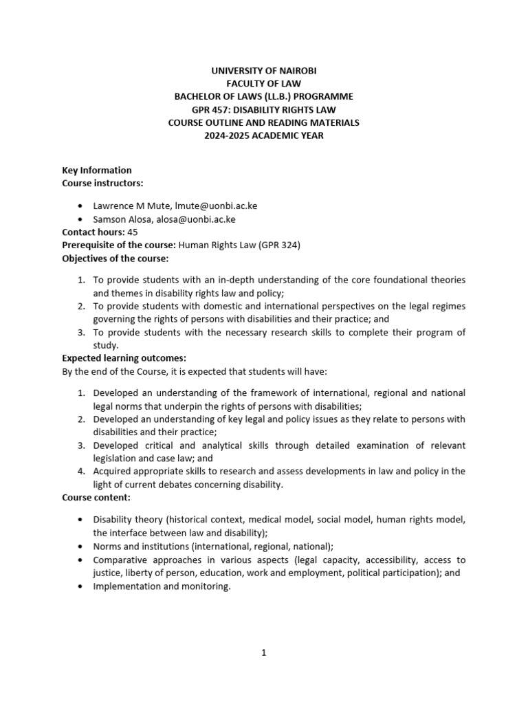 Disability Law Course Outline and Reading Materials | PDF | Disability ...