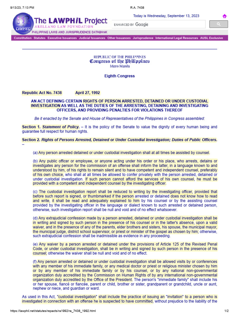 RA 7438 | PDF | Right To Silence | Justice