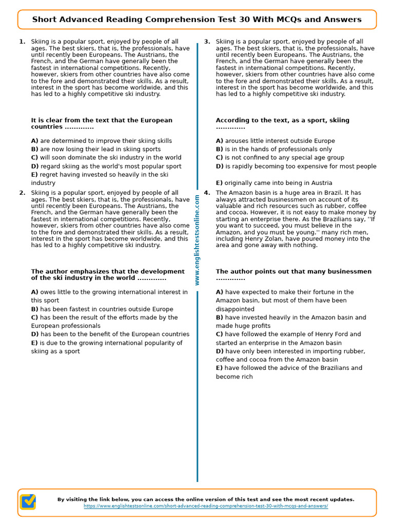 873 Short Advanced Reading Comprehension Test 30 With Mcqs and Answers ...