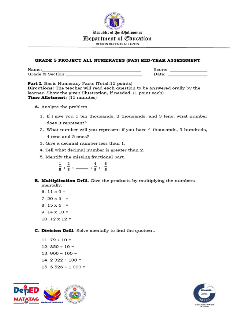Grade 5 Pan Mid Year Assessment | PDF | Numbers | Mathematics