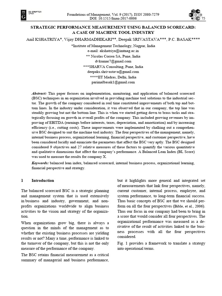 Strategic Performance Measurement Using Balanced Scorecard A Case of ...