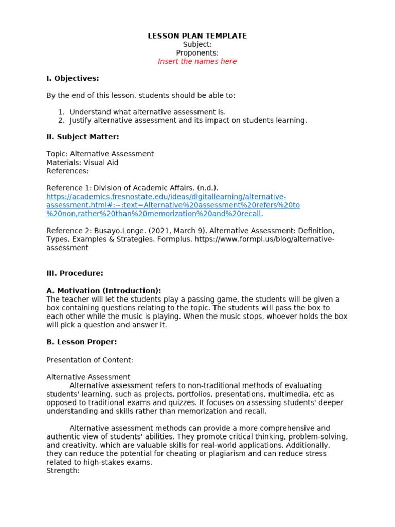 Edric Lance Gabrinez Lesson Plan Template | PDF | Educational Assessment | Learning