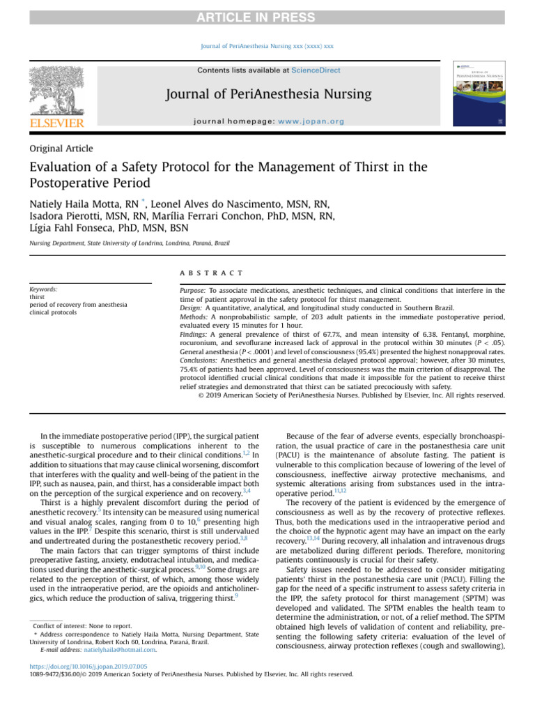 Safety Protocol for Postoperative Thirst Management | PDF | Anesthesia ...