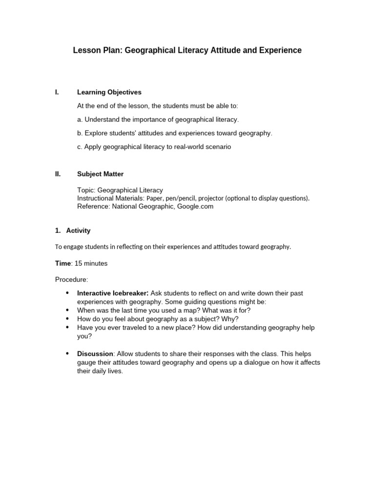 Lesson Plan For Geo Literacy | PDF | Geography | Literacy