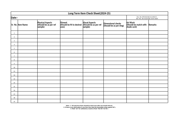 Long Term Item Check Sheet 2024-25 | PDF