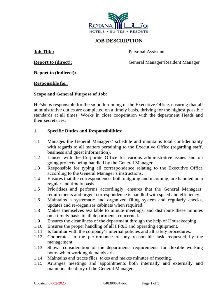 Personal Assistant Job Description | PDF | Business