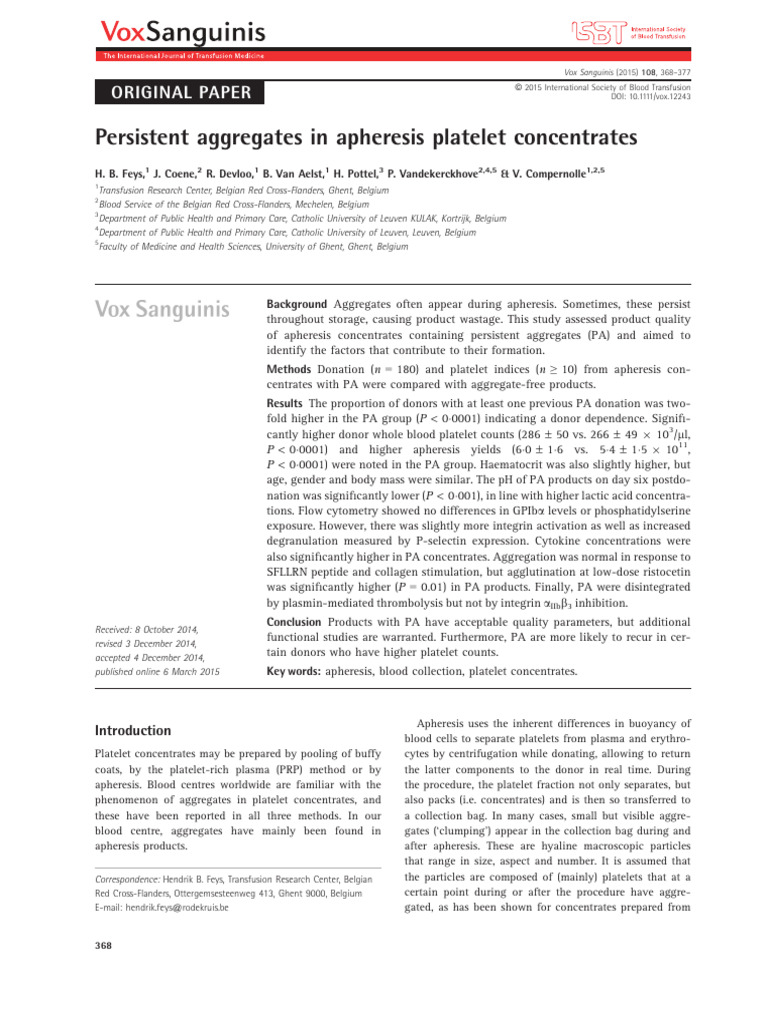 Persistent aggregates in apheresis platelet concentrates - kết tập TC ...