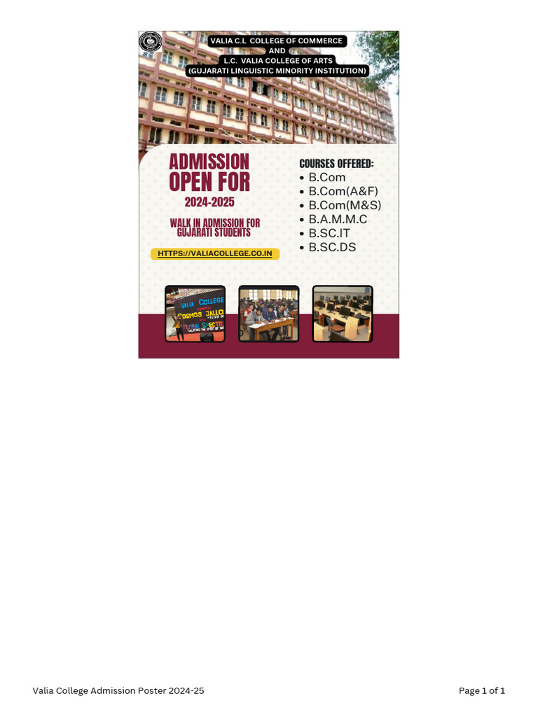 Valia College Admission Poster 2024-25 | PDF