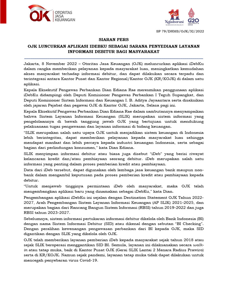 Aplikasi iDebKu: Layanan Informasi Debitur OJK | PDF