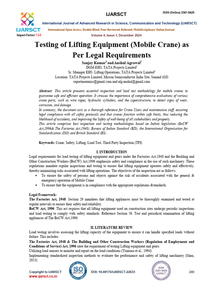Testing of Lifting Equipment (Mobile Crane) As Per Legislation by ...