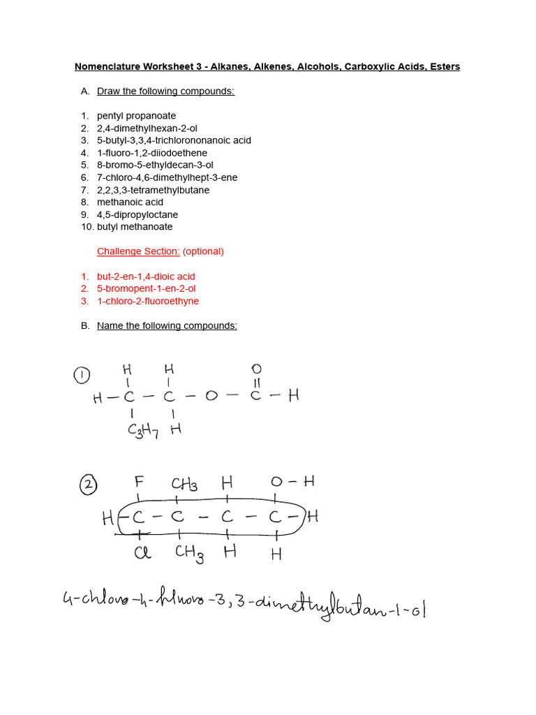 Nomenclature Worksheet: Alkanes & More | PDF | Ester | Chemistry