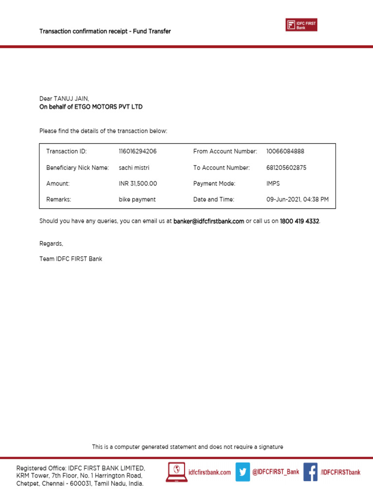 IDFC Fund Transfer Receipt for Tanuj Jain | PDF
