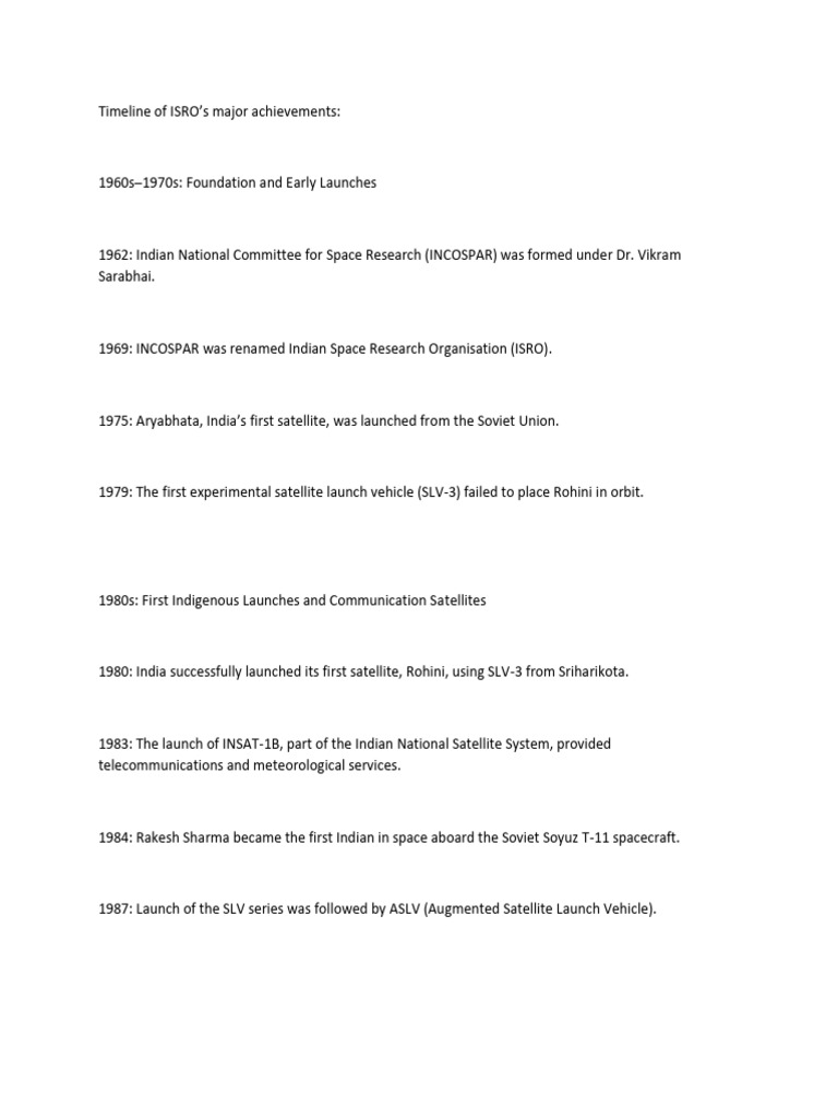 ISRO Achievements Timeline: 1960-Present | PDF