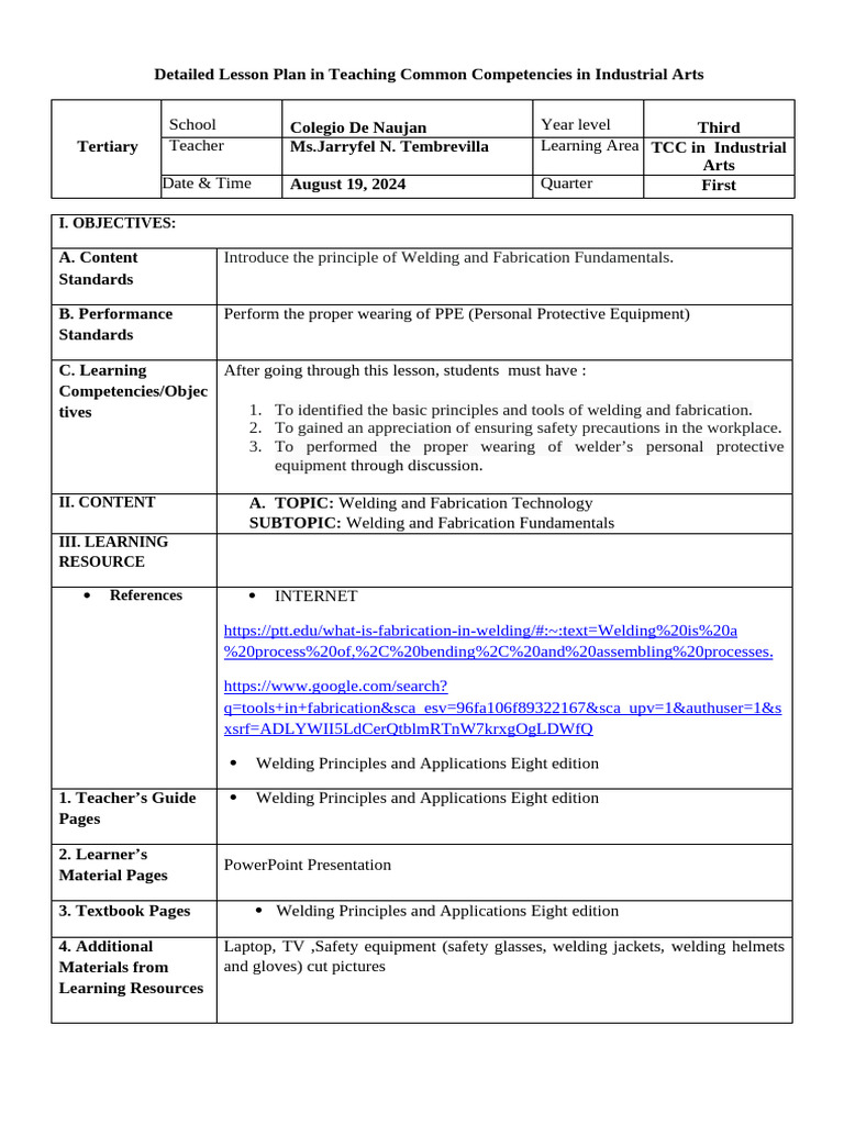 Detailed Lesson Plan in Teaching Competencies in Industrial Arts | PDF ...