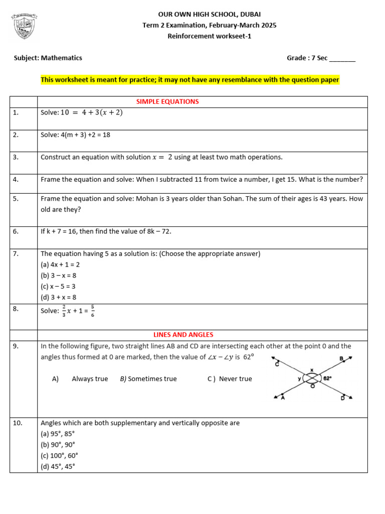 Term-2 Math Reinforcement Worksheet Grade 7 | PDF | Angle | Mathematics