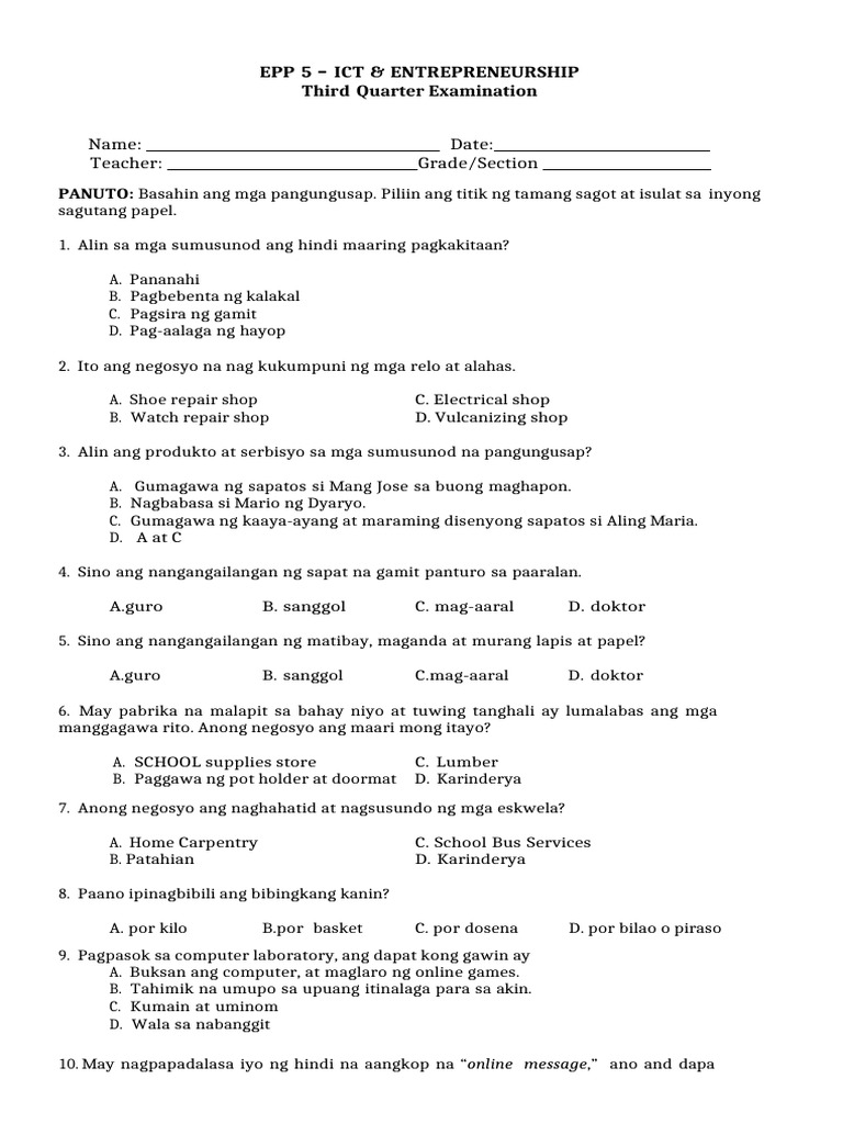 Epp Grade 5 Ict Entrep q2 Pt | PDF