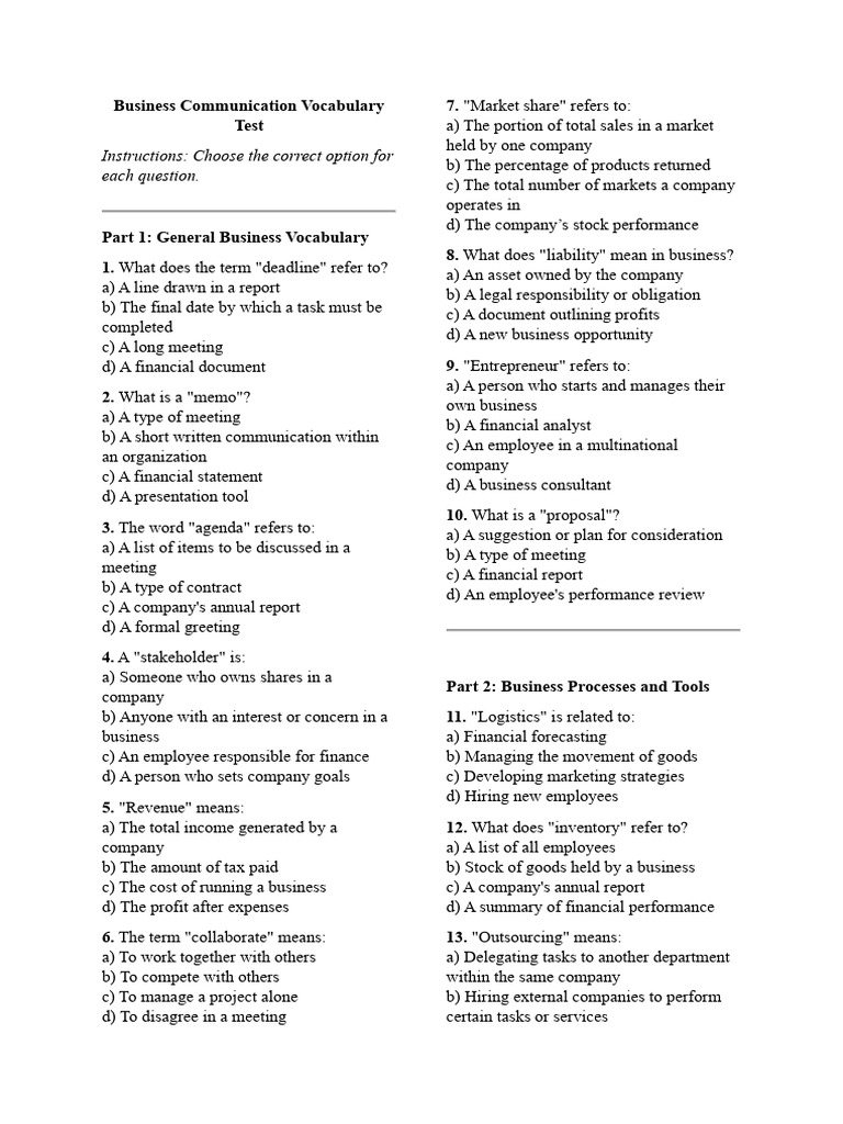 Business Communication Vocabulary Test | PDF | Employment | Expense