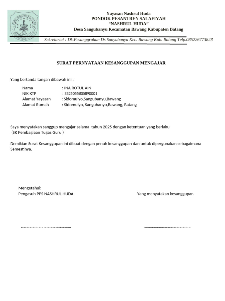 Surat Kesanggupan Mengajar - Docx INA ROTUL AIN | PDF