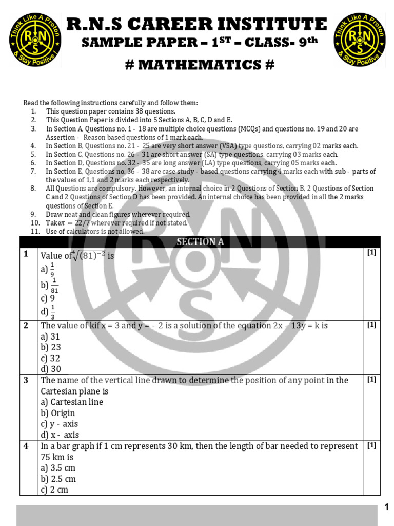 Class 9 Mathematics Sample Paper 2024-25 | PDF | Cartesian Coordinate ...
