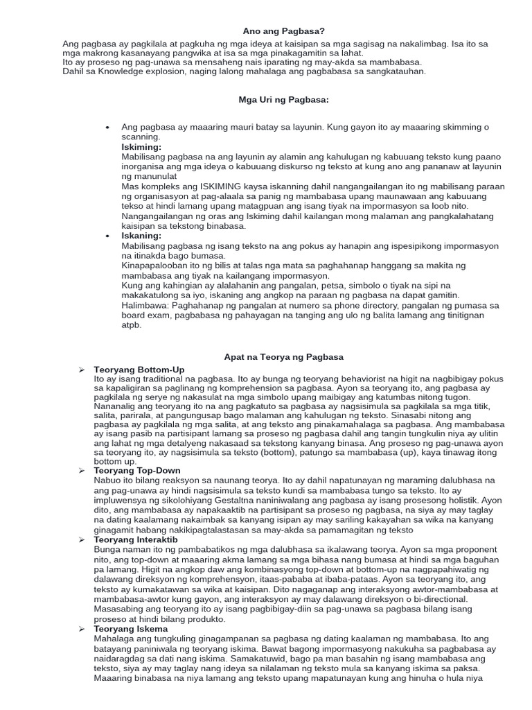 Handouts Sa Pagbasa | PDF