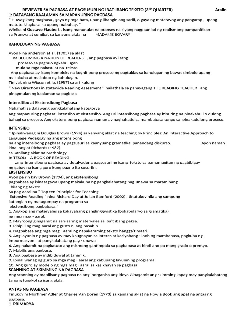 Reviewer 3rd Quarter - Pagbasa at Pagsusuri | PDF