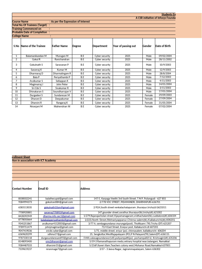 Student Enrollment Sheet Final | PDF