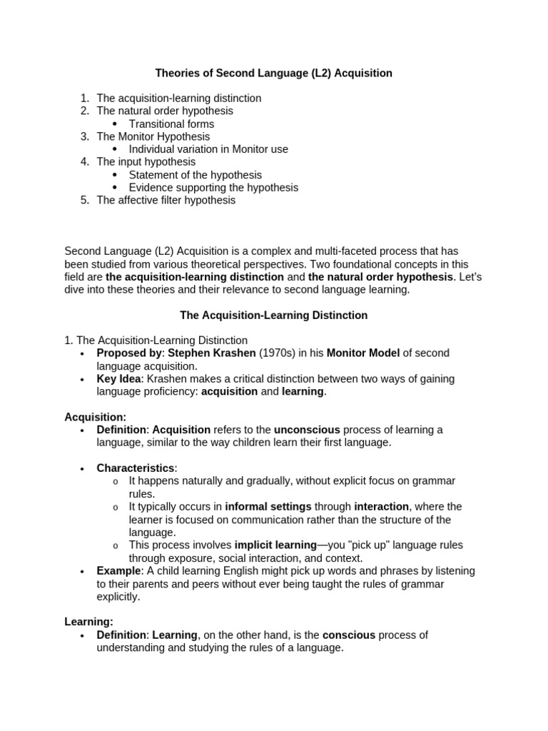 Theories of Second Language Acquisition | PDF | Second Language Acquisition | Language Acquisition