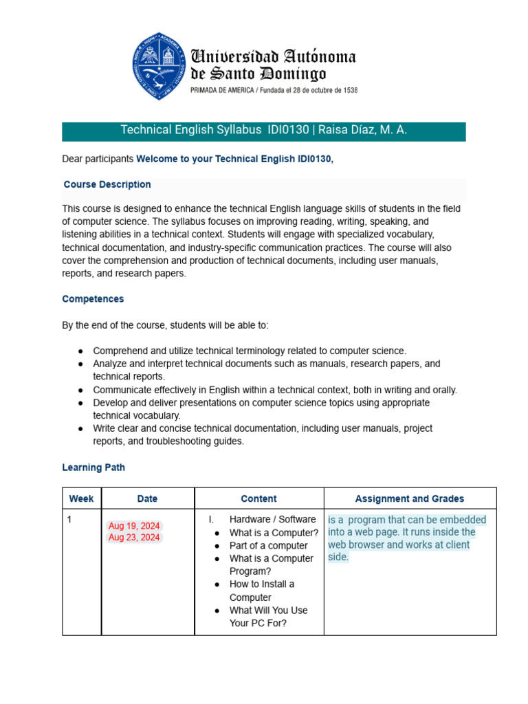Technical English Syllabus IDI0130 | PDF | World Wide Web | Internet & Web