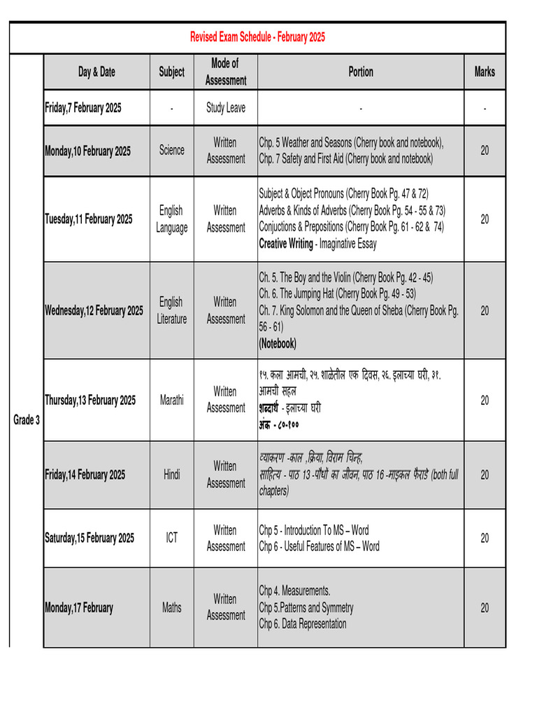 Grade 3 - Revised February Exam Schedule 2024-25 | PDF | Languages ...