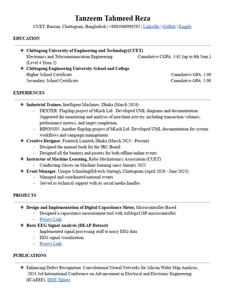 Tanzeem Tahmeed Reza CV | PDF | Computing