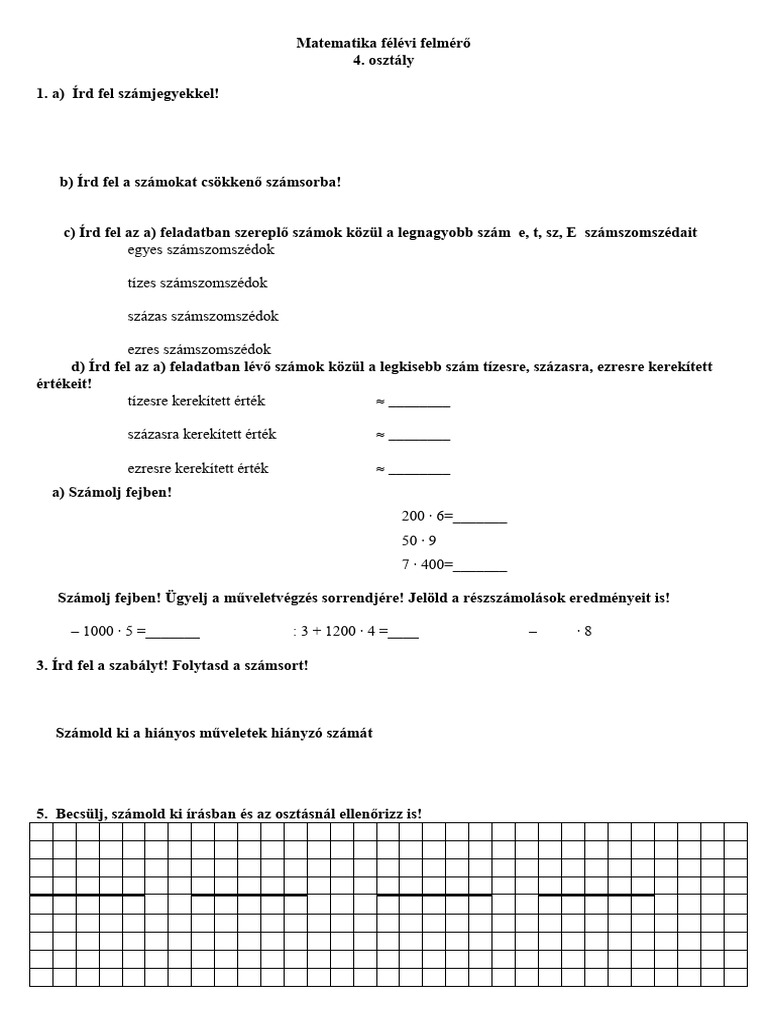 4 Osztalyos Matematika Feleves Dolgozat | PDF