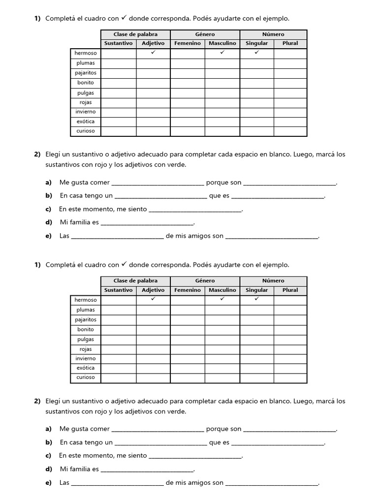 Sustantivos y adjetivos - Práctica | PDF