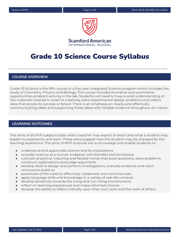 Science G10 MYP Course Syllabi 2024-2025 | PDF | Educational Assessment ...