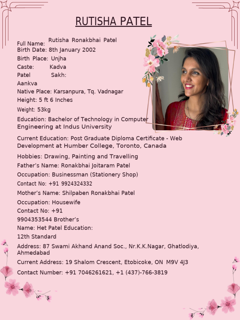 Rutisha Patel's Biodata Summary | PDF
