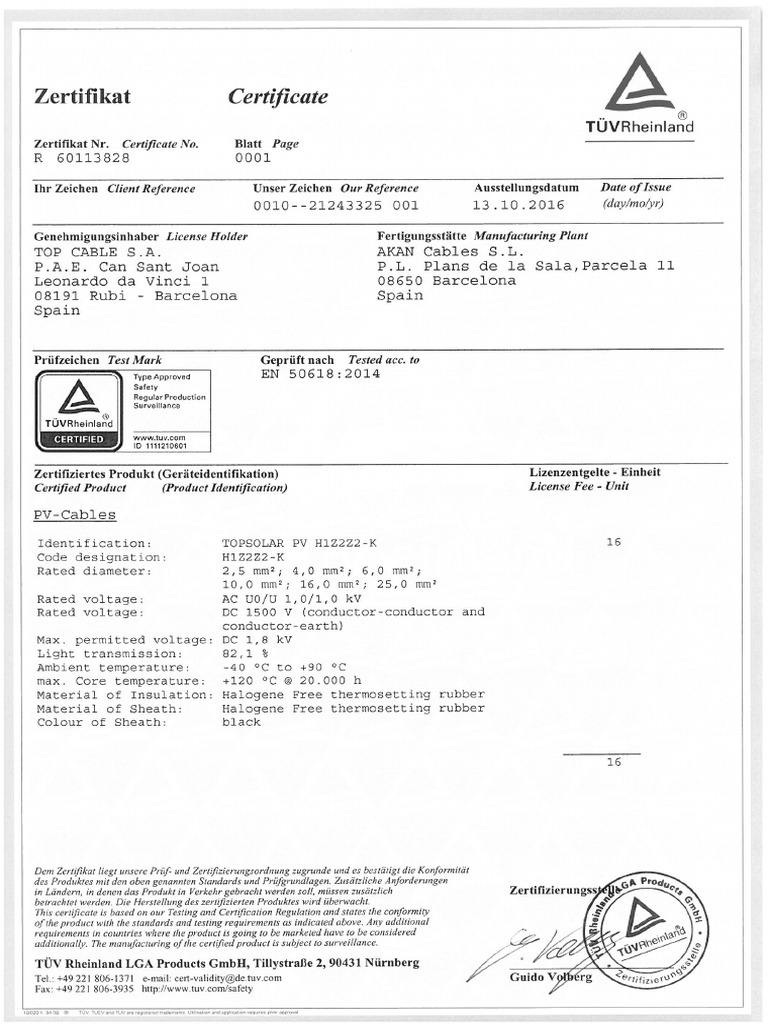 Certificat Calitate Cablu H1Z2Z2-K | PDF