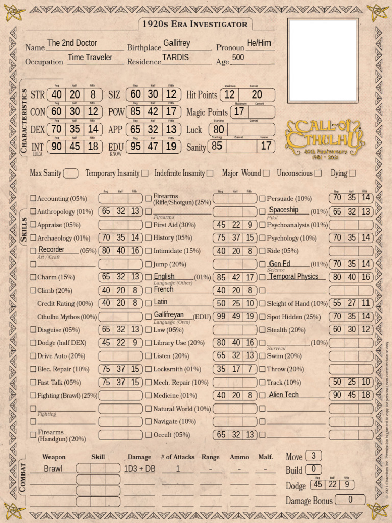 2 ND Doctor Character Sheet | PDF | Doctor Who