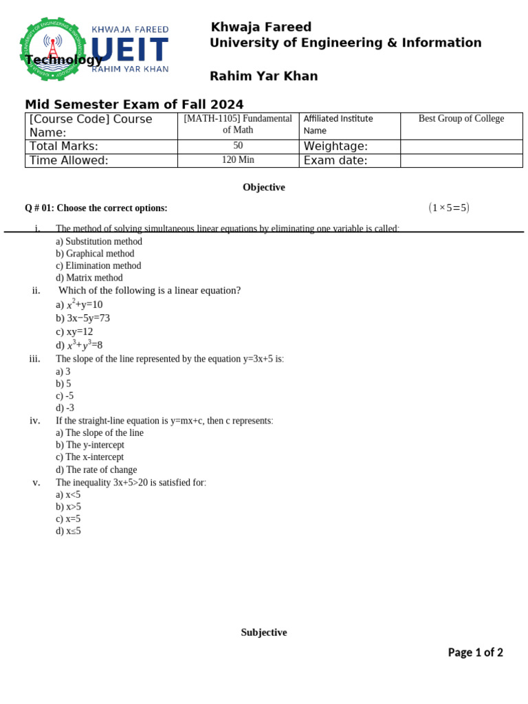 Fundamental of Math Paper | PDF | System Of Linear Equations | Equations