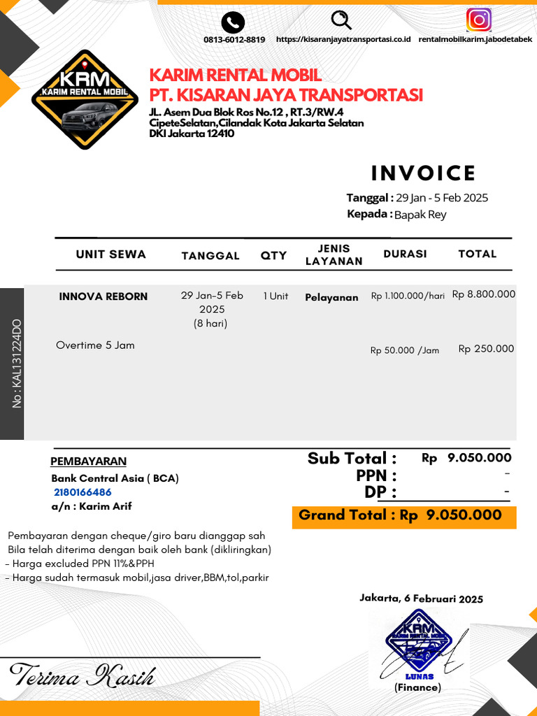 Invoice Sewa Mobil Karim | PDF