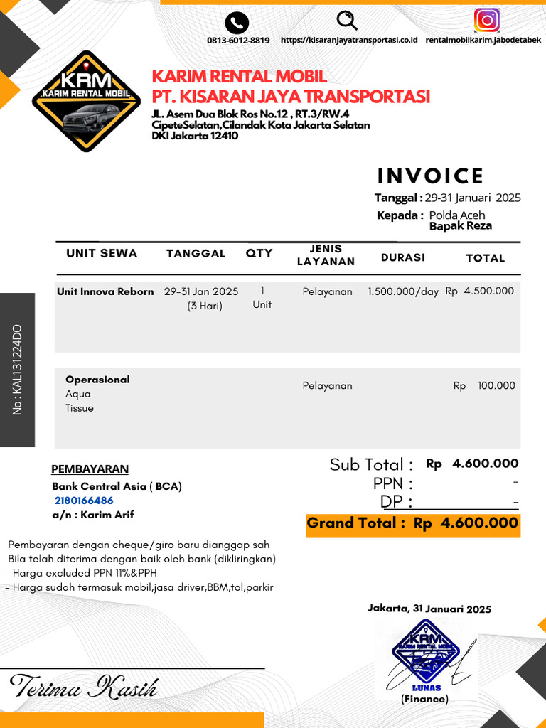 Invoice Polda Aceh 29-31 Jan 2025 Bapak Reza | PDF