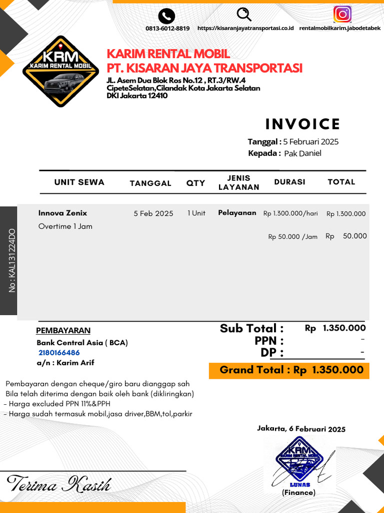Invoice Sewa Mobil Karim Rental | PDF