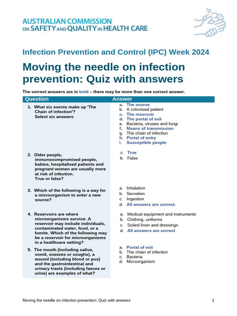 Infection Prevention and Control Week Quiz Questions and Answers | PDF ...