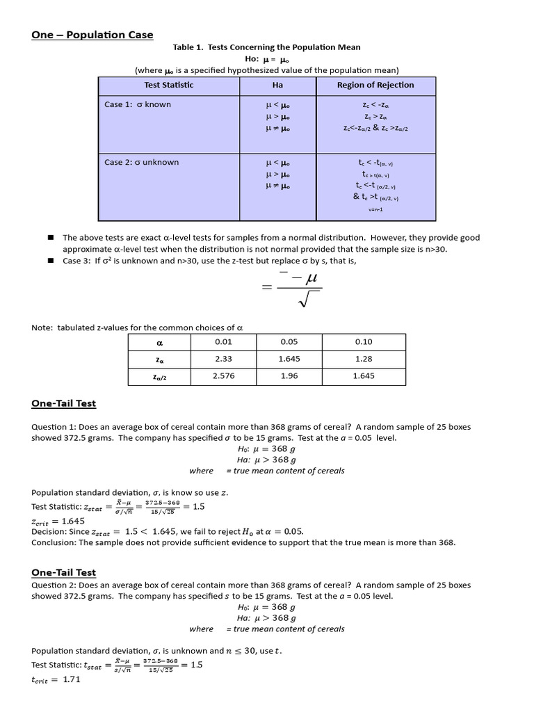 Statistical Tests for Population Means | PDF | Student's T Test ...