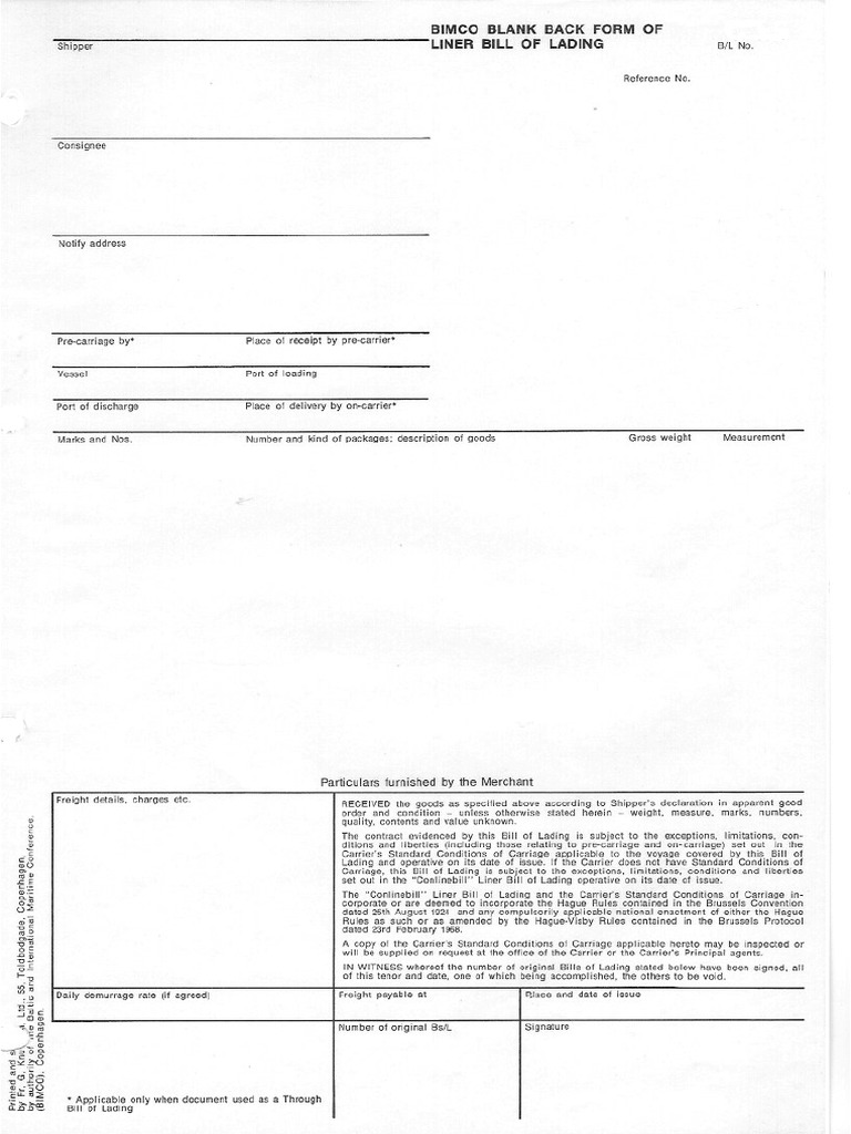 Sample Copy Blank Back Form of Liner Bill of Lading | PDF