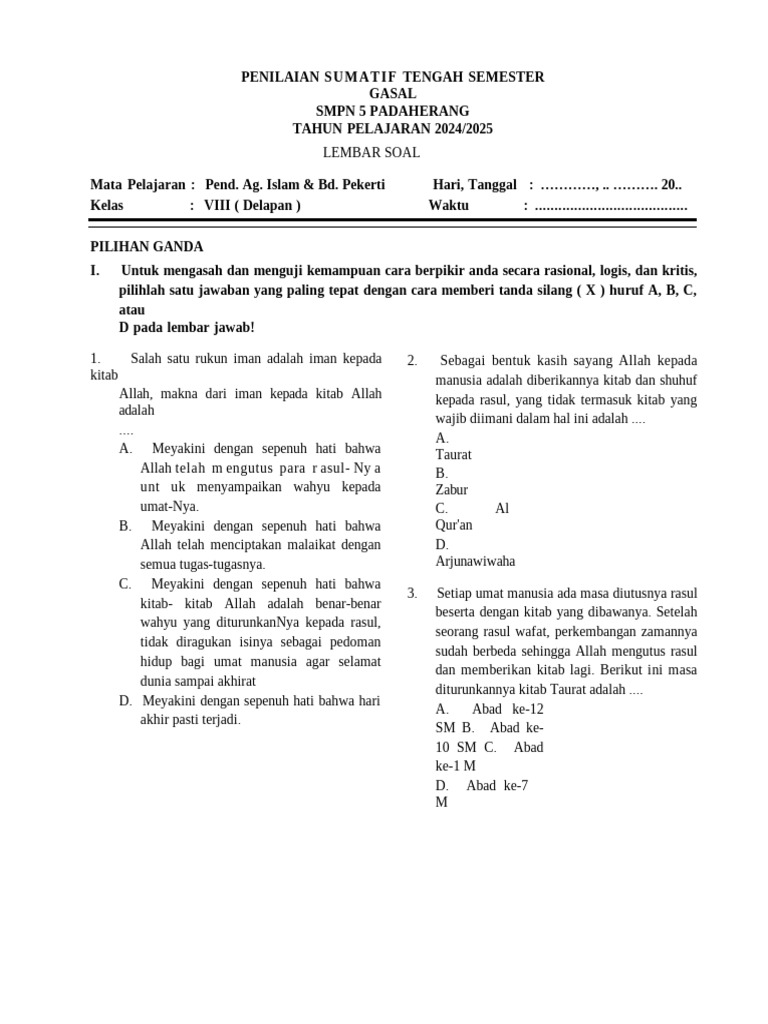 3 - Soal PTS PAI Kelas VII Ganjil K13-www - Kherysuryawan.id | PDF