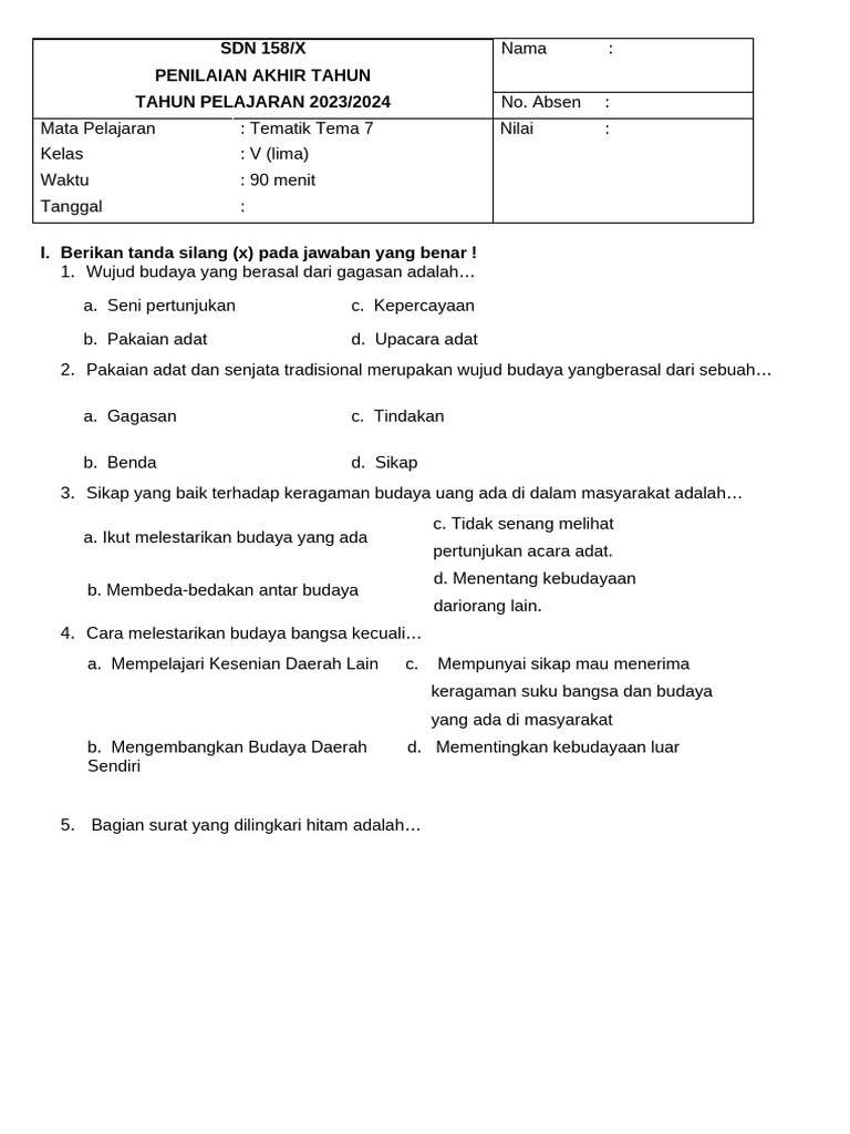 Soal Ujian Kurikulum Merdeka Tema 7 Untuk Kelas 5 SD | PDF