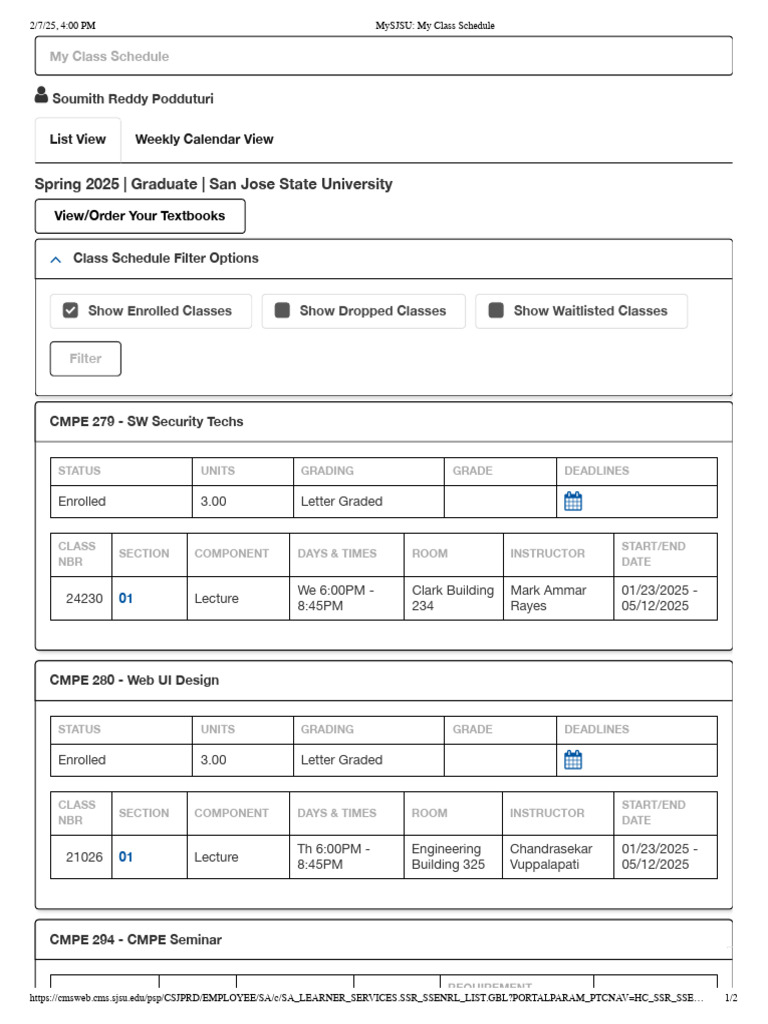 SJSU Spring 2025 Graduate Schedule | PDF