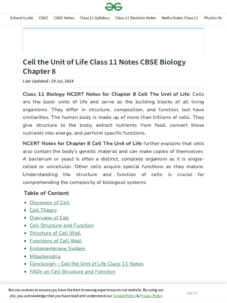 Class 11 Cell Theory Notes | PDF | Cell (Biology) | Cell Membrane
