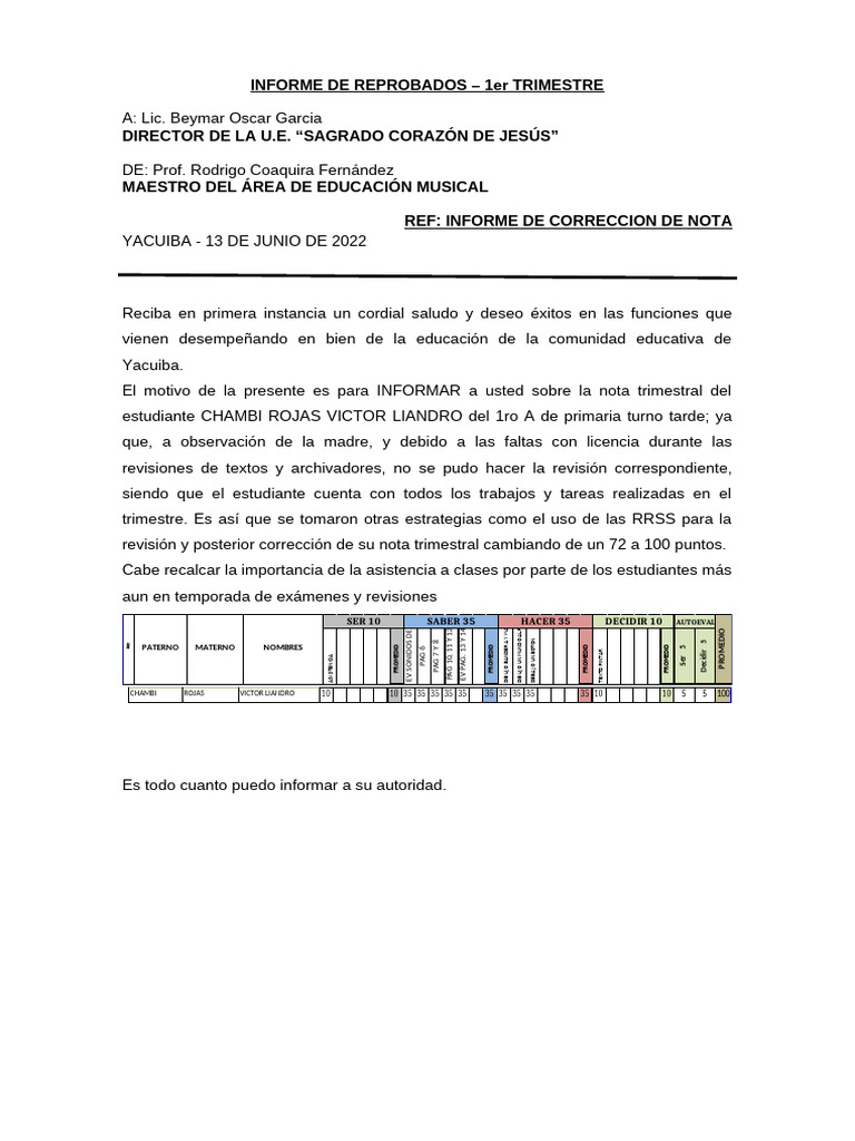 Informe de Notas Estudiante Primaria | PDF