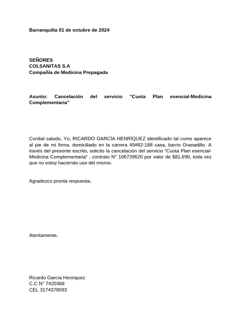 Carta Cancelación Del Servicio Complementario | PDF