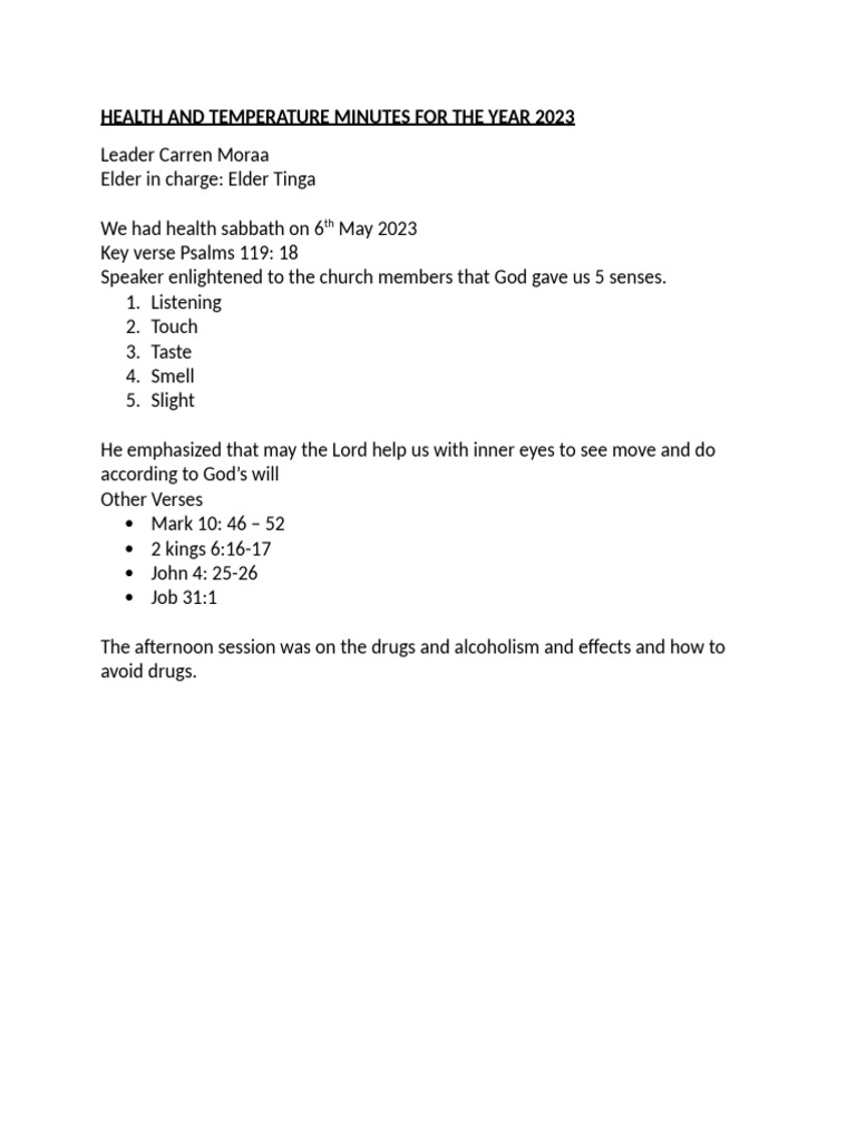 Health and Temperature Minutes For The Year 2023 | PDF